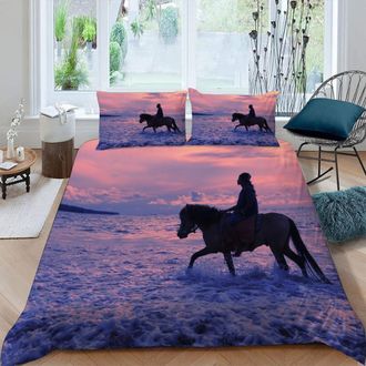 Generic Bettw&auml;sche 135x200 Pferd Bettw&auml;sche Sets Reiten Bettenset 3D Druck Weich Microfaser Kinderbettw&auml;sche mit Rei&szlig;veschluss und 2 Kissenbezug f&uuml;r Jungen M&auml;