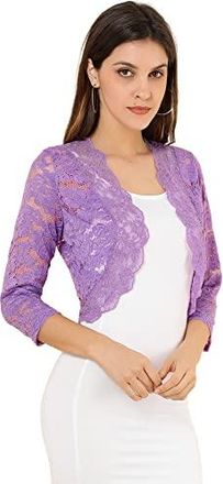 Allegra K Boléro Femme Élégant en Dentelle Floral à 3/4 Manches Cardigan Transparent à Haussement dÉpaule Boléro pour Mariage et Fête Gilet Court Léger Devant O