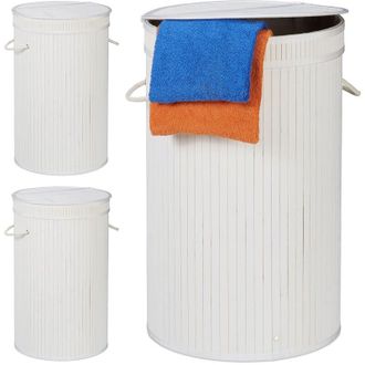 Relaxdays Panier à linge bambou, lot de 3, pliable, Corbeille à linge ronde, 65 l, Sac à linge, ø 40 cm, blanc