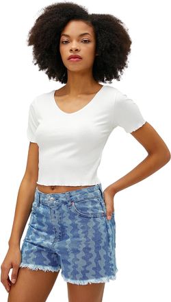 Koton Women Ribbed V Neck Short Sleeve Crop T-Shirt