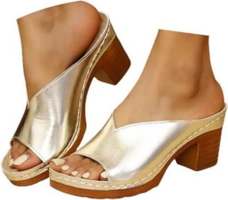 Generic Tongs &agrave; talons &eacute;pais pour femme - Mules &agrave; talons &agrave; enfiler pour robe de mari&eacute;e - Chaussures de mariage - Tongs d&eacute;t&eacute; avec soutien de la vo&ucirc;te plantaire