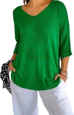 Generic Pull dautomne &agrave; col en V pour femme, d&eacute;contract&eacute; et ample &agrave; manches 3/4 en tricot l&eacute;ger pour femme, Vert, 5XL