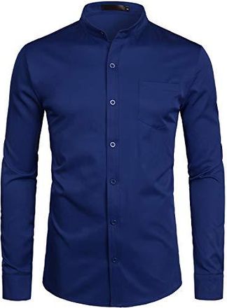 PARKLEES Chemise &eacute;l&eacute;gante &agrave; col grand-p&egrave;re pour homme, coupe ajust&eacute;e, manches longues, boutonn&eacute;e avec poche, bleu marine, L