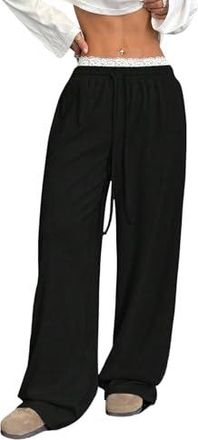 SOLY HUX Y2K Pantalon de surv&ecirc;tement large pour femme avec dentelle et poches, Noir, S