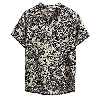 Generic Chemise en coton et lin pour homme Henley Gym Tops Imprim&eacute; Manches Casual Chemise en coton Chemisier ethnique Hommes Chemisier court pour homme Tuniqu