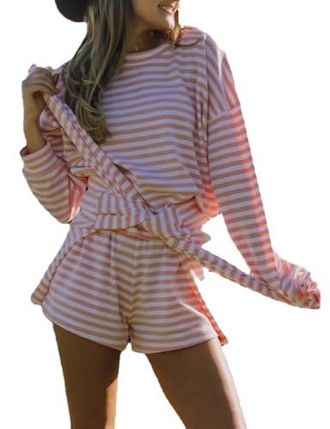 Generic Ensemble de pyjama 2 pi&egrave;ces &agrave; rayures &agrave; manches longues pour femme, ensemble de pyjama 2 pi&egrave;ces, tenue Y2K, ensemble court assorti, rose, XL