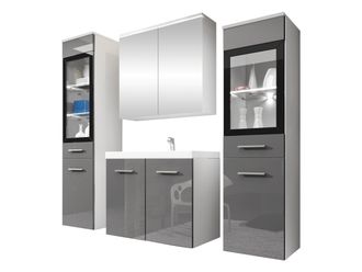 Mirjan24 Badm&ouml;bel Set Madrit II mit Waschbecken und Siphon, Komplettprogramme f&uuml;r Spiegelschrank, Waschtisch, Hochschrank (Wei&szlig;/Grau Hochglanz, mit wei&szlig;er LED 