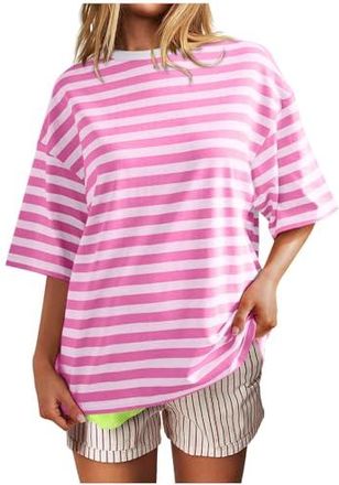 Generic T-shirt femme surdimensionn&eacute; ray&eacute; manches courtes bloc de couleur col rond basique d&eacute;contract&eacute; t-shirt d&eacute;t&eacute;, Rose, XXL