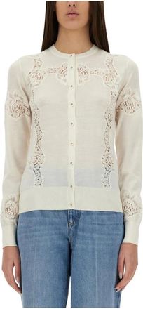Dolce & Gabbana Femme, Pulls, Blanc, Taille: 38 FR Lace Trim Knit Cardigan
