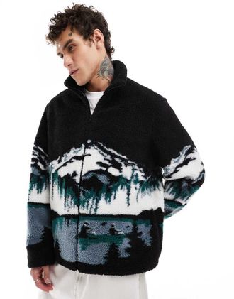 Asos Veste en imitation peau de mouton avec imprim&eacute; paysage - Noir