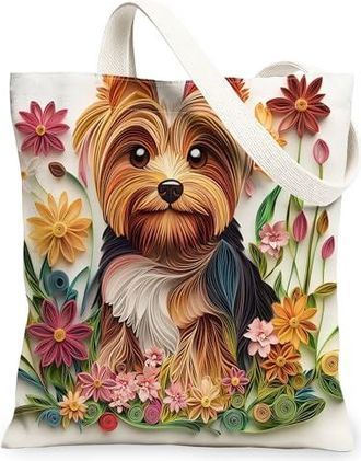 Generic Sac fourre-tout en toile r&eacute;utilisable pour faire du shopping, motif chien yorkshire, 33 x 38,1 cm, sac d&eacute;picerie r&eacute;utilisable pour femme, animal de co