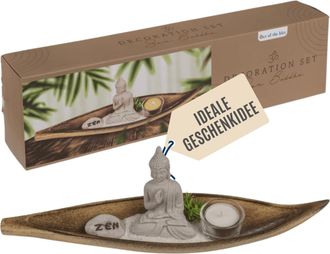 Out of the Blue Holzschale Natur - Ma&szlig;e 37,5 &times; 9,5 &times; 12 cm - Deko-Set mit Buddha, Teelicht, Zen-Stein, k&uuml;nstlicher Pflanze & Sand - Zen-Deko & Geschenkidee