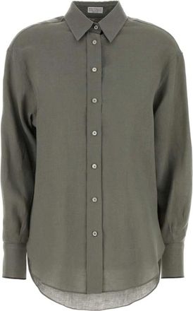 Brunello Cucinelli Femme, Blouses et Chemises, Vert, Taille: 40 FR Chemise en lin avec Monili