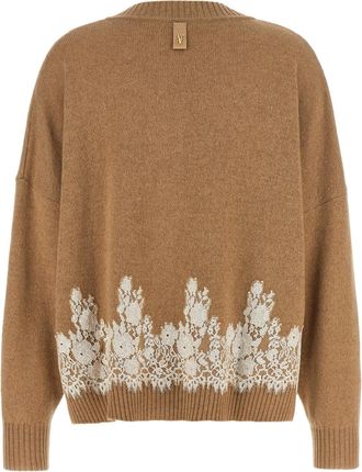 Alberta Ferretti Lace-Insert Cashmere Blend Cardigan - Camel