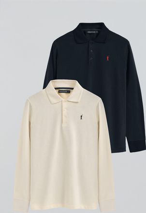 Polo Club Zweierpack Herren-Poloshirts marineblau und ecru mit langen &Auml;rmeln und gesticktem Rigby Go-Logo