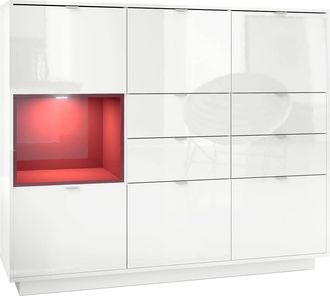 Vladon Highboard Sideboard Metro V2, Made in Germany, Korpus in Weiß Hochglanz/Fronten in Weiß Hochglanz mit Einsatz in Bordeaux Hochglanz, inkl. LED Beleuch