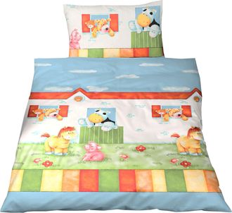 JACK Fein Biber Bettwäsche Baby 2 TLG. 100x135cm Hoftiere Bauernhof Bunt mit Reißverschluss