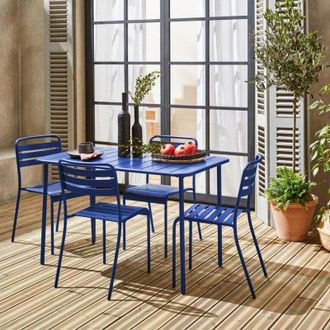 Sweeek Table de jardin m&eacute;tal + 4 assises bleu &eacute;lectrique en acier. Amelia. 120 x 70 x 72.5 cm