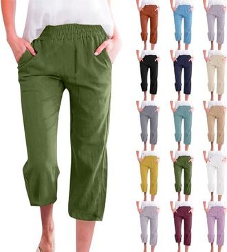 Generic Ydsxlp Pantalon d&eacute;t&eacute; en coton et lin pour femme - Couleur unie - Taille &eacute;lastique - Pantalon capri grande taille - Pantalon ample &agrave; jambe droite - Pan