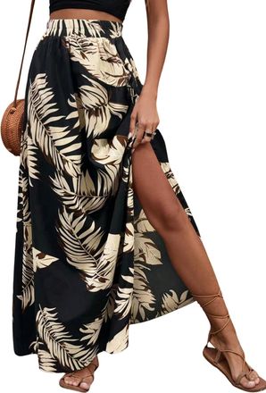 SOLY HUX Damen Rock Boho Sommerrock mit Schlitz Hohe Taille Maxirock Langer Freizeitrock Strandrock Urlaub Casualrock Lange R&ouml;cke Strand Outfit Schwarz XL