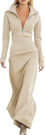 Generic Robe maxi &agrave; manches longues pour femme - Design sweat-shirt - Col zipp&eacute; - Col en V - Streetwear - &Eacute;paules d&eacute;nud&eacute;es - Sexy, kaki, XXL