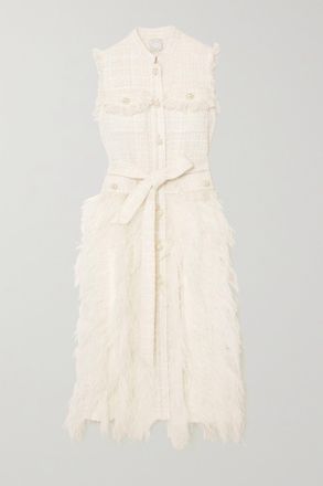 Huishan Zhang Wyatt Kleid Aus Tweed Und Plissiertem Cr&ecirc;pe Mit Federn - Elfenbein