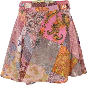 Guru Shop Weit Schwingender Patchwork Wickelrock, Minirock, Boho Upcyceling Baumwoll-Sommerrock - Rosa/rot, Damen, Baumwolle