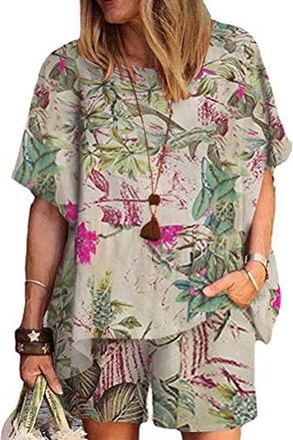 ORANDESIGNE Ensemble Femme Chic Et Elegant Ete Surv&ecirc;tement Boh&egrave;me Couleur Unie 2 Piece Outfit Col Rond Manche Courte Tee Shirt Et Short Sport Costume Streetwear S