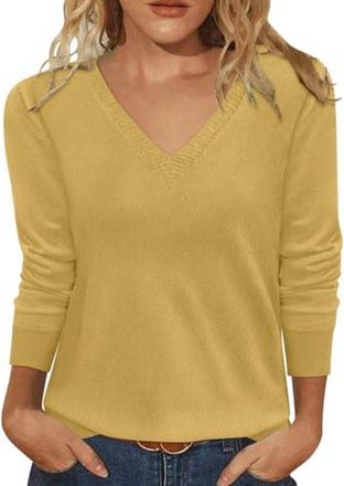 Minetom Pull Femme Hiver Col en V Chaud Pull &Eacute;l&eacute;gant Manches Longues Doux Leger Sweater Automne Hiver Tricot Haut A Jaune M