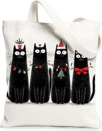 Generic Sacs fourre-tout en toile motif chat de vacances, sacs d&eacute;picerie r&eacute;utilisables, l&eacute;gers et lavables, blanc, 13x15 Inch