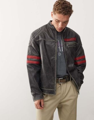 Reclaimed Vintage Jacke aus Echtleder im Motorsport-Design-Schwarz