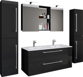 VCM 5-TLG. Doppel Waschplatz | 2X Waschtisch | Badmöbel Set mit Unterschrank, Waschbecken, 2X Hochschrank und Spiegelschrank | Doppelwaschbecken | Komplet