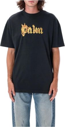 Palm Angels Homme, Tops, Noir, Taille: M T-shirt Noir Or avec Logo Br&ucirc;lant