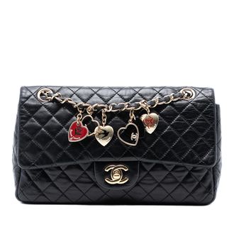 Chanel Black Medium Classic Lambskin Valentines Heart Charms Single Flap