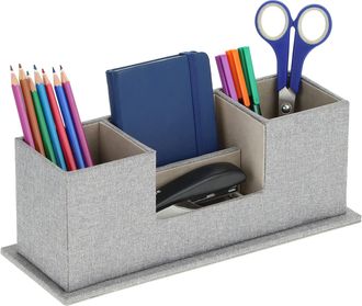 Relaxdays Schreibtisch Organizer, 4 F&auml;cher, Kunststoff, Leinenoptik, B&uuml;ro & Home Office, HxBxT: 11 x 29,5 x 11 cm, grau