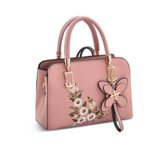 Nicole & Doris Elegante Handtasche Schultertasche Damen Klein Henkeltasche mit Stickerei Blume Frauen Umh&auml;ngetasche PU Leder Crossbody Bag Rosa