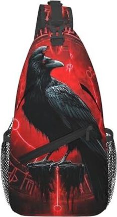 Generic Sac &agrave; dos &agrave; bandouli&egrave;re noir myst&eacute;rieux corbeau avec runes rouges - Sac &agrave; dos de voyage pour homme - Sac &agrave; dos de randonn&eacute;e