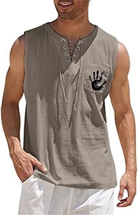 Generic Chemise en coton et lin pour hommes Henley Gym Tops Hommes Printemps et &Eacute;t&eacute; Tops Casual Sport Sans Manches Top Coton Gilet Peinture Fitness Muscle D&eacute;b