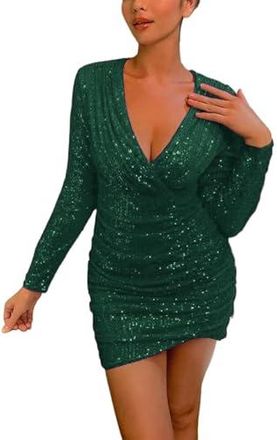 Generic Robe de soir&eacute;e scintillante &agrave; manches longues pour femme - Coupe ajust&eacute;e - Midi Swing - Style vintage - Pour mariage, cocktail, bal de fin dann&eacute;e, f&ecirc;t