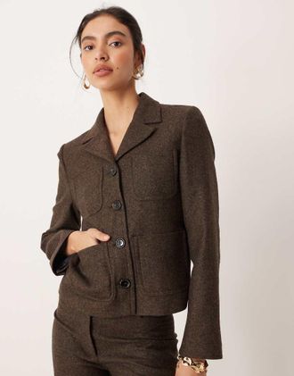 Mango Camila - Blazer court densemble en laine m&eacute;lang&eacute;e - Chocolat-Brown