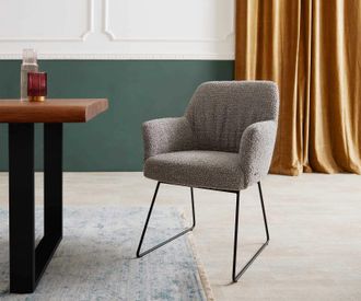 DELIFE Esszimmerstuhl Xana-Flex mit Armlehnen Bouclé Silbergrau Kufengestell Schwarz Taschenfederkern, Esszimmerstühle