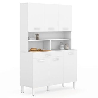 IDMarket Buffet de Cuisine 120 CM CINA 6 Portes + tiroir Blanc et Blanc Brillant