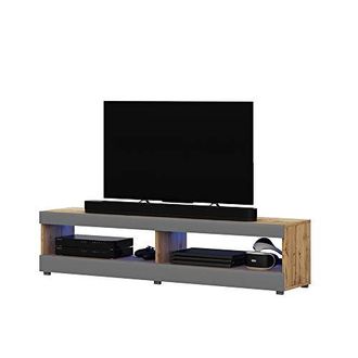 Selsey Viansola - TV-Lowboard h&auml;ngend/stehend in Eiche Matt/Grau Hochglanz mit LED, 100 cm