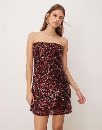 Abercrombie & Fitch Scarlett - Robe bustier courte et ornée de sequins rouges avec short intégré - Noir