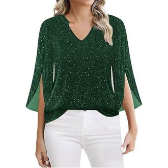 Generic Hauts scintillants pour femmes, manches 3/4, chemises &agrave; paillettes &agrave; col en V, &eacute;l&eacute;gantes, chemisiers &agrave; volants, pulls pour femmes, chemises pliss&eacute;es a