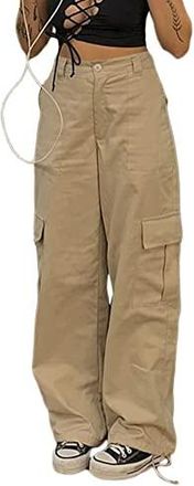 ORANDESIGNE Pantalon Cargo Femmes Y2K Baggy R&eacute;tro Loose Denim &agrave; Bretelles Multi-Poche Streetwear Jambes Larges Taille Haute Droites H Kaki M