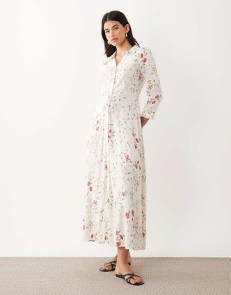 Vero Moda Robe chemise longue &agrave; imprim&eacute; fleurs - Blanc