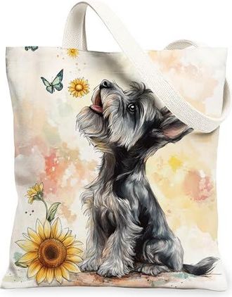 Generic Sac fourre-tout en toile motif schnauzer printanier 33 x 38,1 cm, motif tournesol, fleur, sac d&eacute;picerie r&eacute;utilisable pour femme, peinture danimaux dom