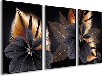 DekoArte Bilder Wandbilder Wohnzimmer BLUMEN 50x70 cm 3 Stück - Bilder mit Rahmen schwarz im Lieferumfang enthalten