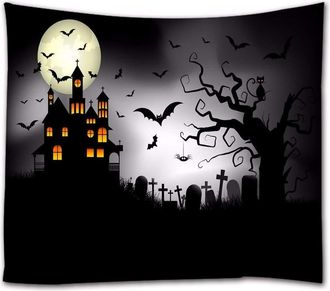 A.Monamour Wandteppiche Gruselige Halloween Nacht Spukhaus Grabstein Fliegende Fledermaus Toter Baum Runde Mond Gruselige Szene Stoff Wandteppich Wanddekoration 